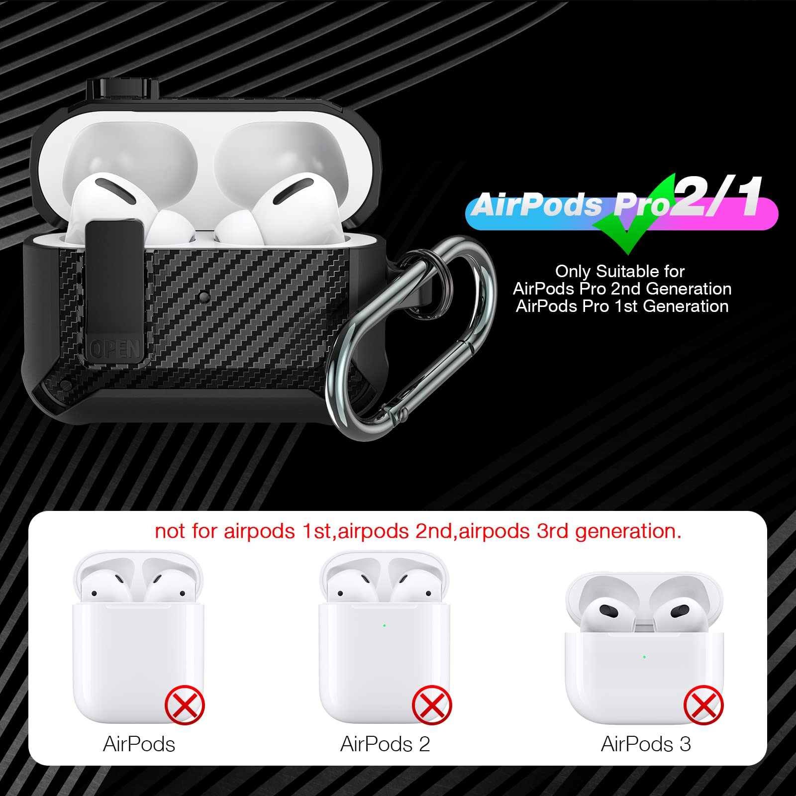SOTRADE Case Cover (2nd Generation/1st Generation) with Lock Lid, Shock-Absorbing Protective Cover with Keychain for Case 2022 for Men Women [Front LED Visible]