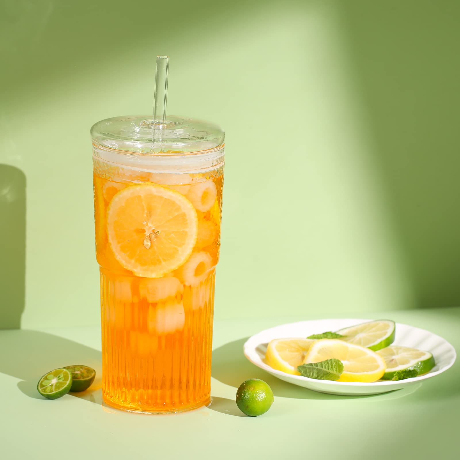 QWEZXO Glass Cups With Lids and Glass Straws,20 OZ High Borosilicate Glass Tumbler Iced Coffee Water Smoothie…
