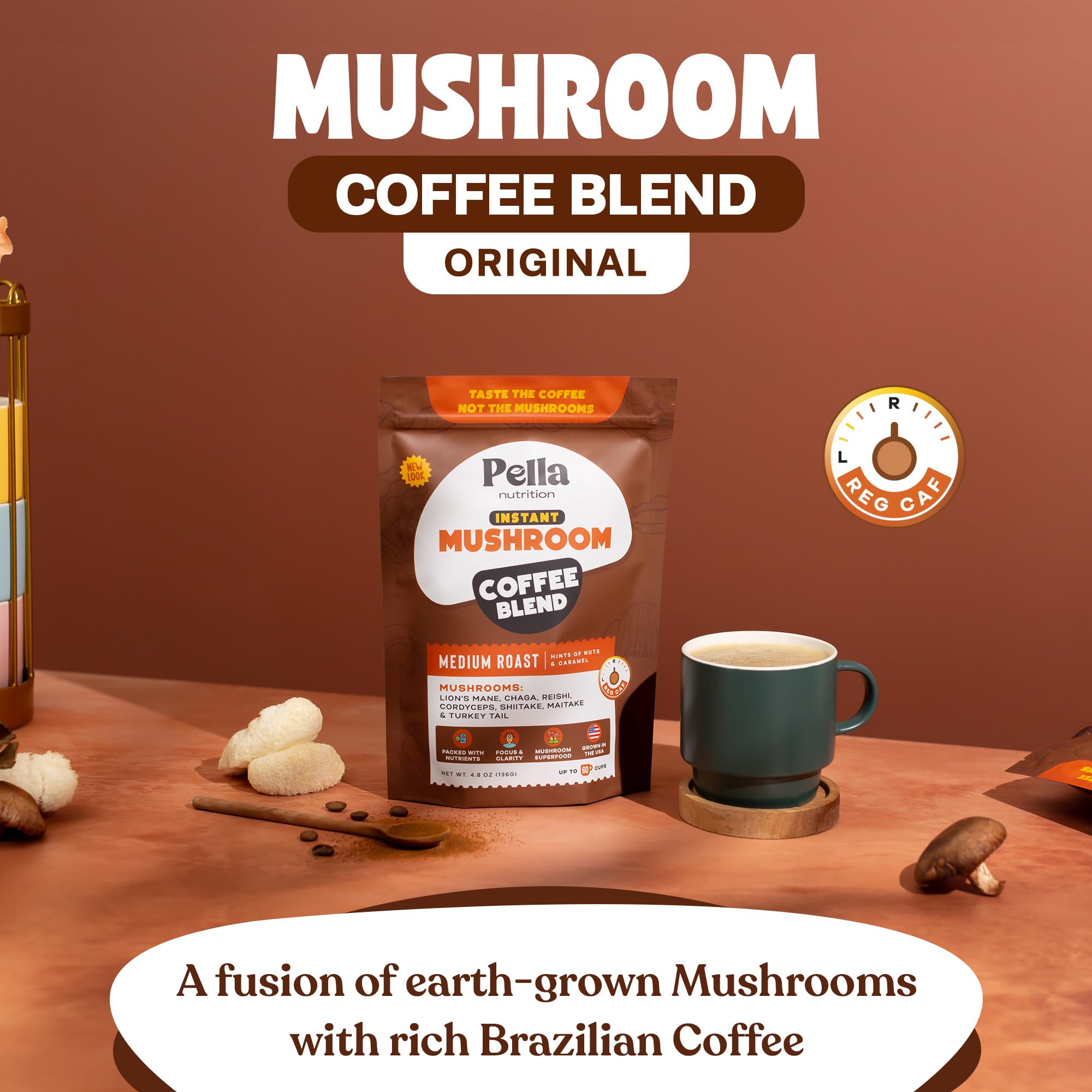 Organic Mushroom Instant Coffee (60 Servings) with 7 Superfood Mushrooms, Great Tasting, Includes Lion's Mane, Reishi, Chaga, Cordyceps, Shiitake, Maitake, and Turkey Tail