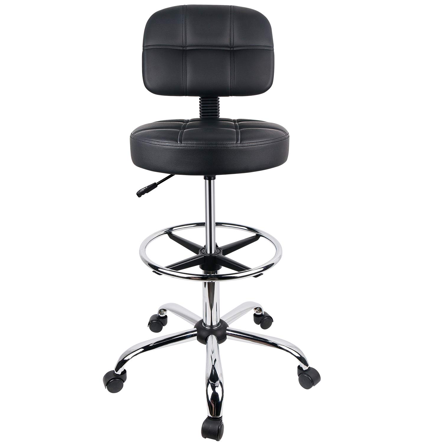 Leopard Round Drafting Chair, Adjustable Swivel Tall Drafting Stool Office Chair for Standing Desk, with Back and Footring - Black (Black)