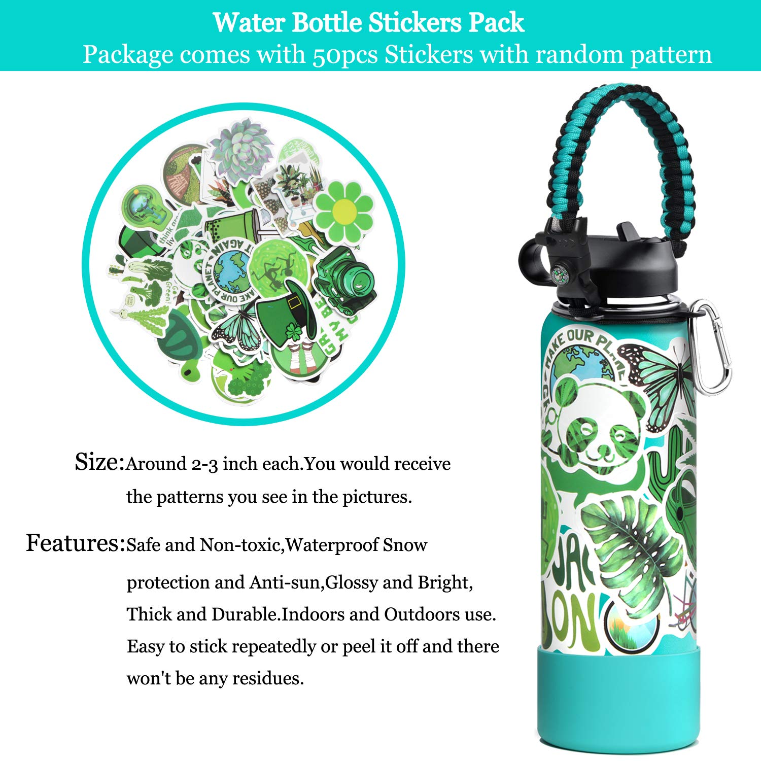nononfish Paracord Handle for Standard Mouth Water Bottle, with Safety Ring, Carabiner, Compass, Plus Water Bottle Sleeve 40 oz and 50 Anime Stickers Straw Water Bottle Set