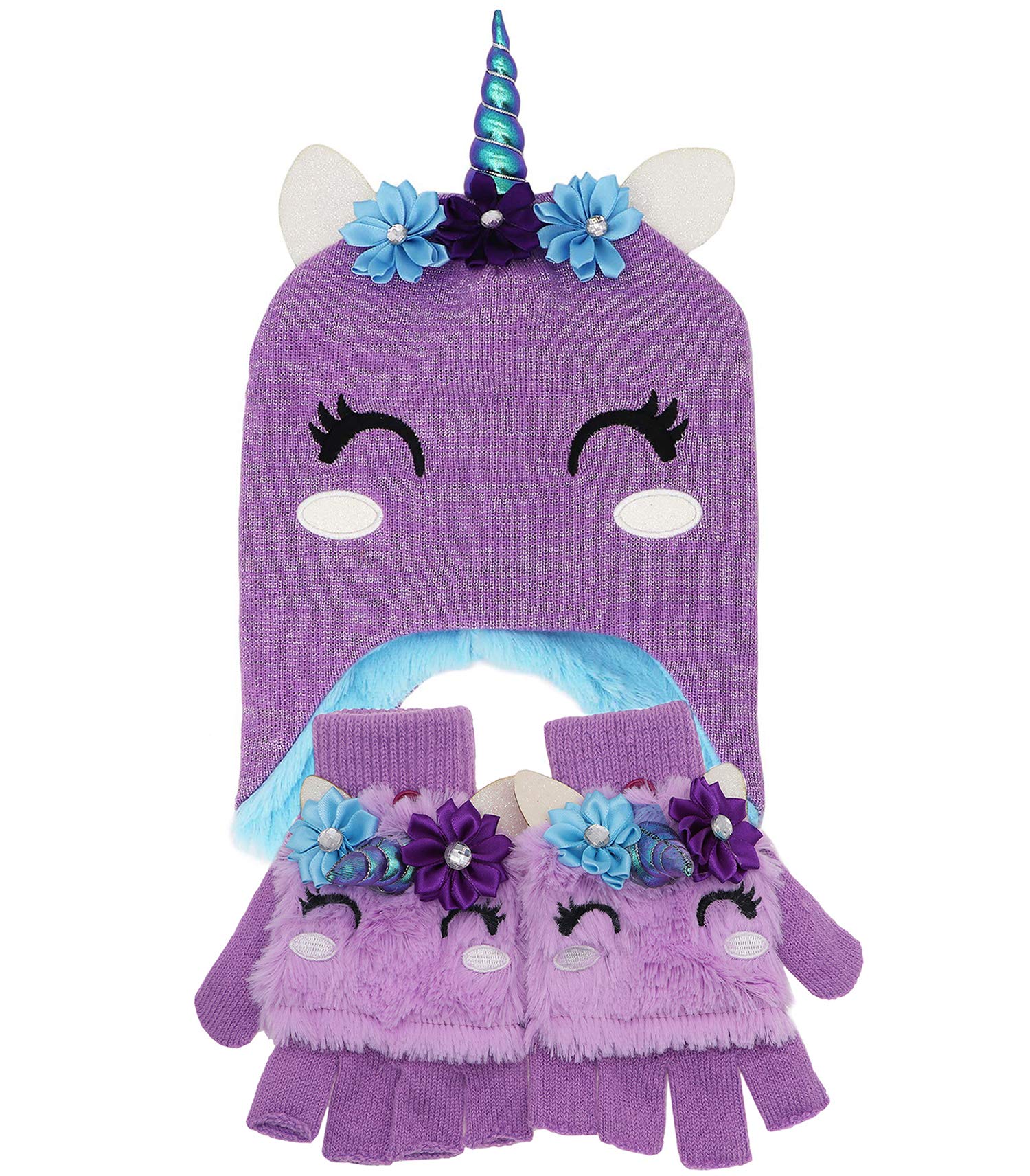Little Girls Winter Unicorn Beanie Hat and Gloves Set Kids Knitted Earflap Cap Flip Top Mitten Set