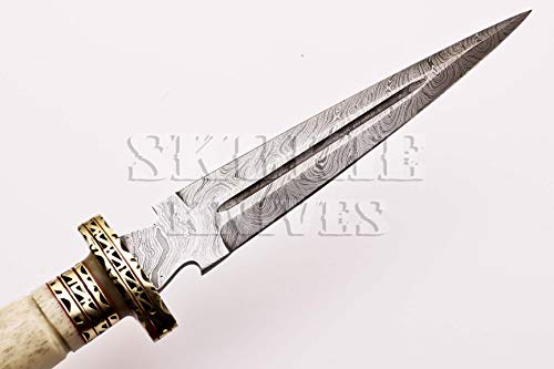 Skokie Knives Hand Made Damascus Steel Hunting Dagger Knife Handle Original Camel Bone with Perfect Grip