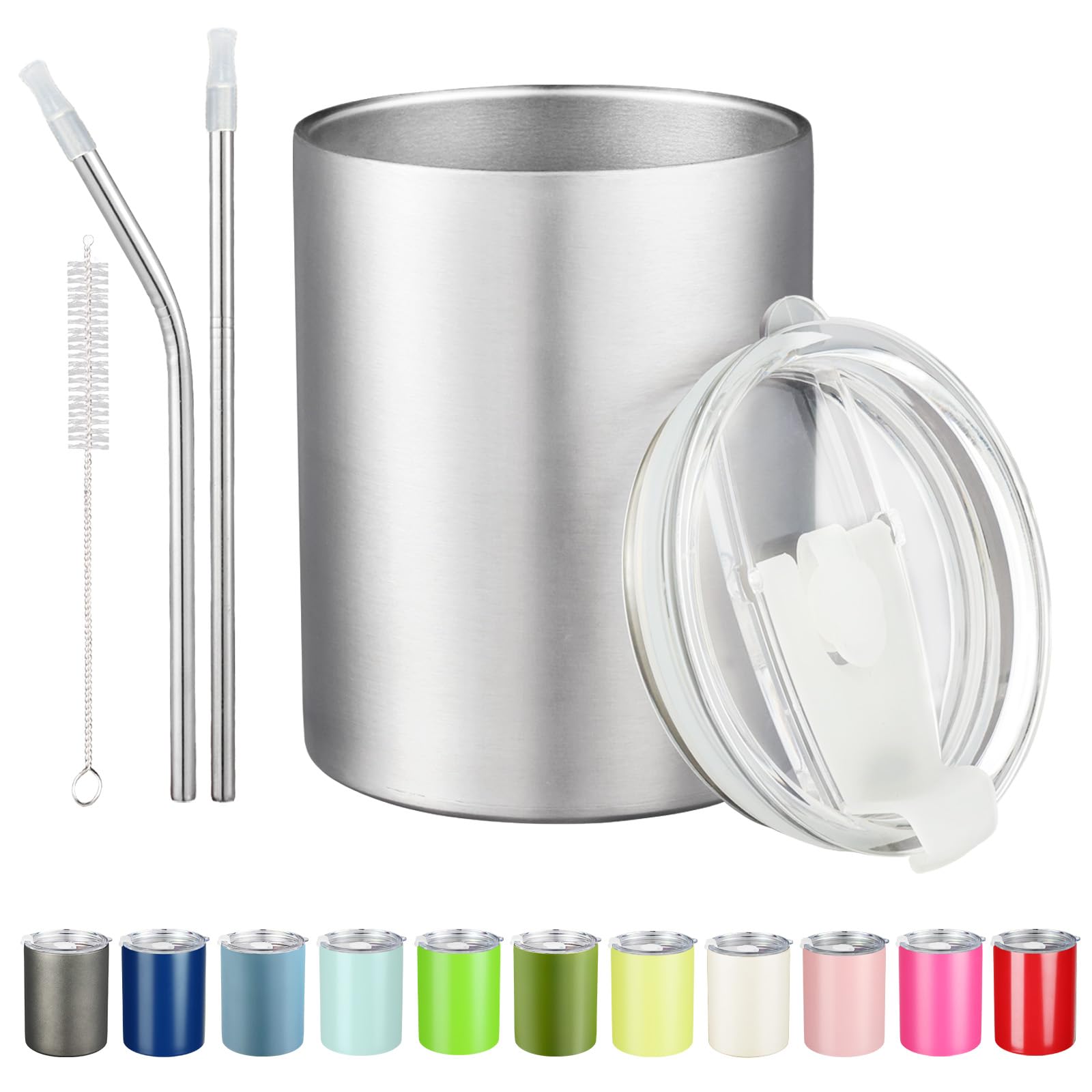 Puraville 12 oz Handleless Coffee Mug,Insulated Travel Mug with Lid and Straw, Double-Walled Stainless Steel Vacuum Coffee Tumbler Cup with lid, Silver