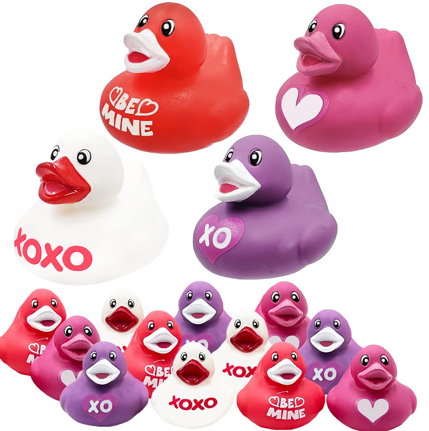 Valentine's Day Rubber Duck Toy Duckies for Kids, Four Solid Colors with Salutations, Bath Birthday Gifts Baby Showers Classroom Summer Beach and Pool Activity, 2" (6 Pack)