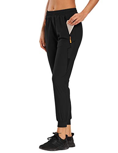 MOCOLY Women's Running Pants Athletic Joggers Sweat Pants Lightweight Hingking Cargo Sports Track Pants Zipper Pockets Black S