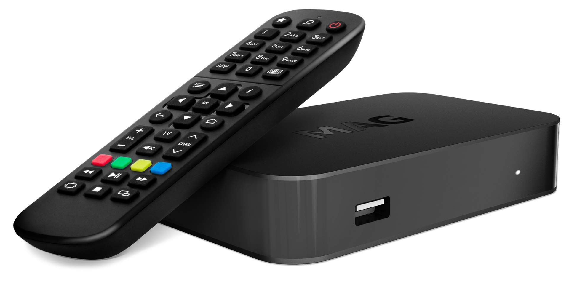 MAG 420w1 4K and HEVC Support, 512 MB RAM, 512 MB NAND, USB × 2 pcs. (3.0, 2.0), Built-in Wi-Fi, Linux OS, HDMI and RCA outputs