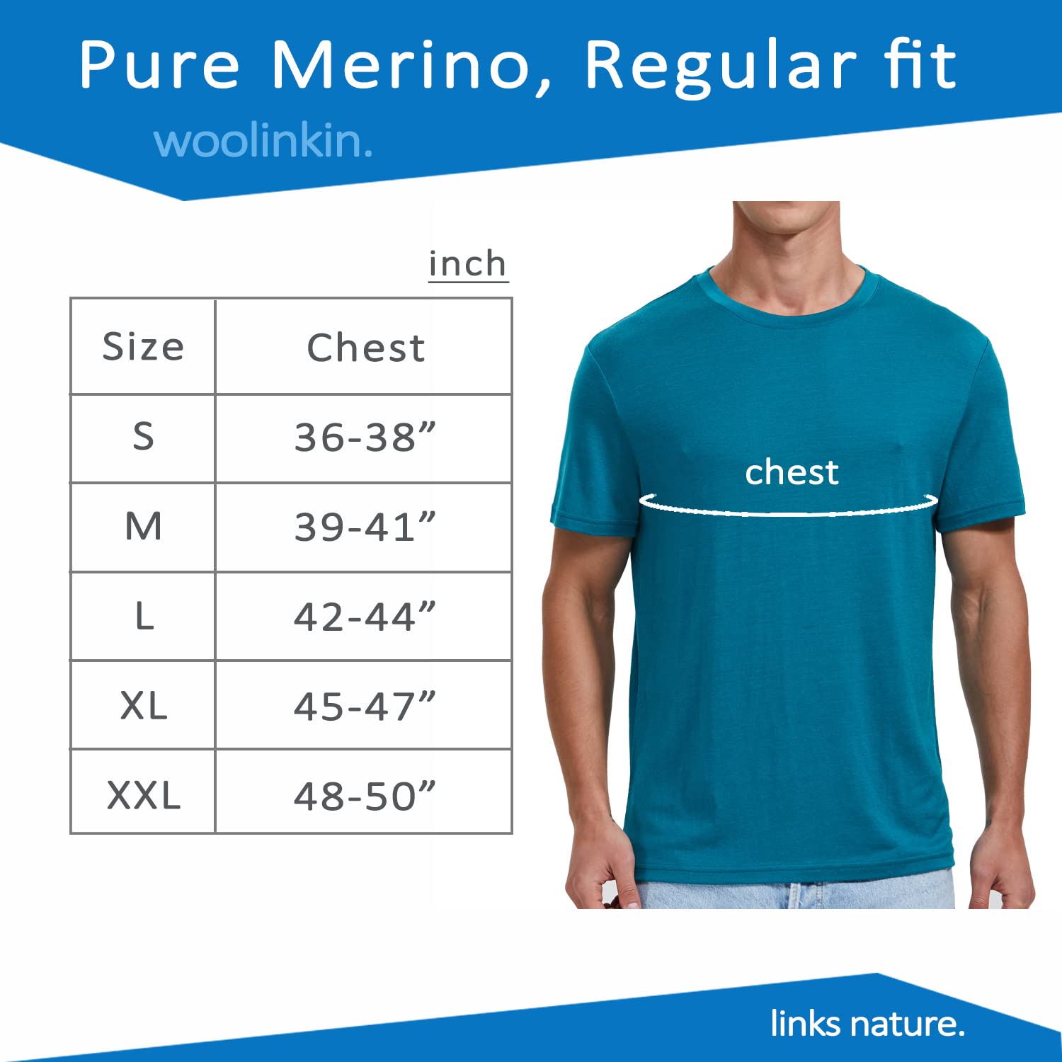 Woolinkin 100% Merino Wool T-Shirt - Men’s Short Sleeve Undershirt - 150 Lightweight Wool Base Layer (as1, Alpha, m, Regular, Regular, Teal)