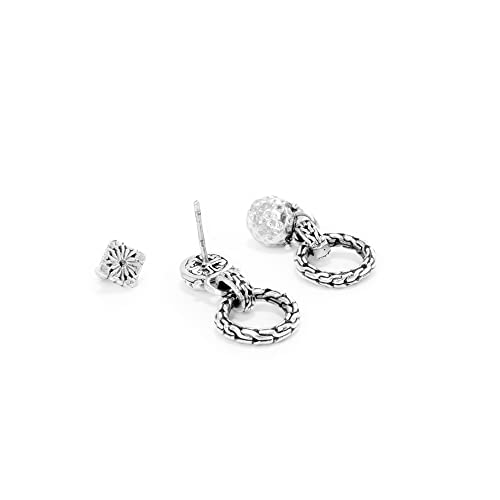 SARDA .925 Sterling Silver 1” Long Hammered and Chain Link Pattern Door Knocker Dangle Style Pushback Stud Earrings - Handmade by Bali Artisans