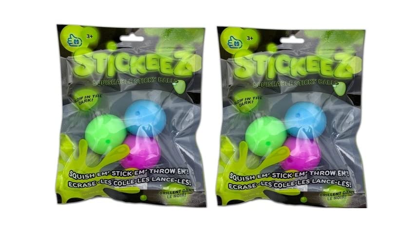 Stickeez 6 Pack Glow in The Dark Squishy Sticky Ceiling Balls - Assorted Luminescent Colors - 6pcs Fun Glowing Stick On Wall Squish Stress Balls for Boys and Girls