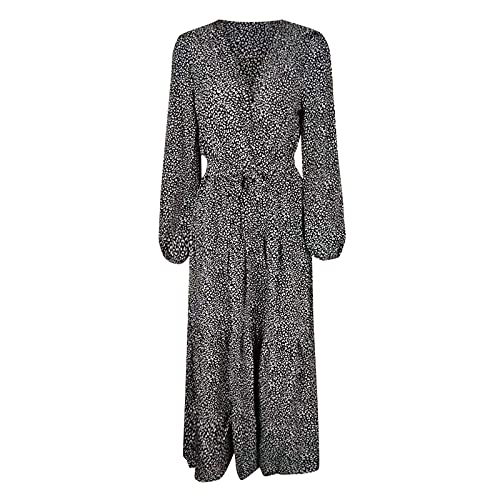 Pinkpaopao Long Swing Dress for Women Pattern Printed Elegant Patchwork Ankle-Length Dress Deep V Neck High Waist Dress