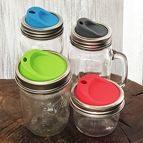 THINKCHANCES Reusable Food Grade BPA Free Silicone Sip Coffee Juice Drinking Lid Kit with Stainless Steel Rings for Mason, Ball, Canning Jars, Pack of 4 Sets (Regular Mouth,Oval Drinking Hole)