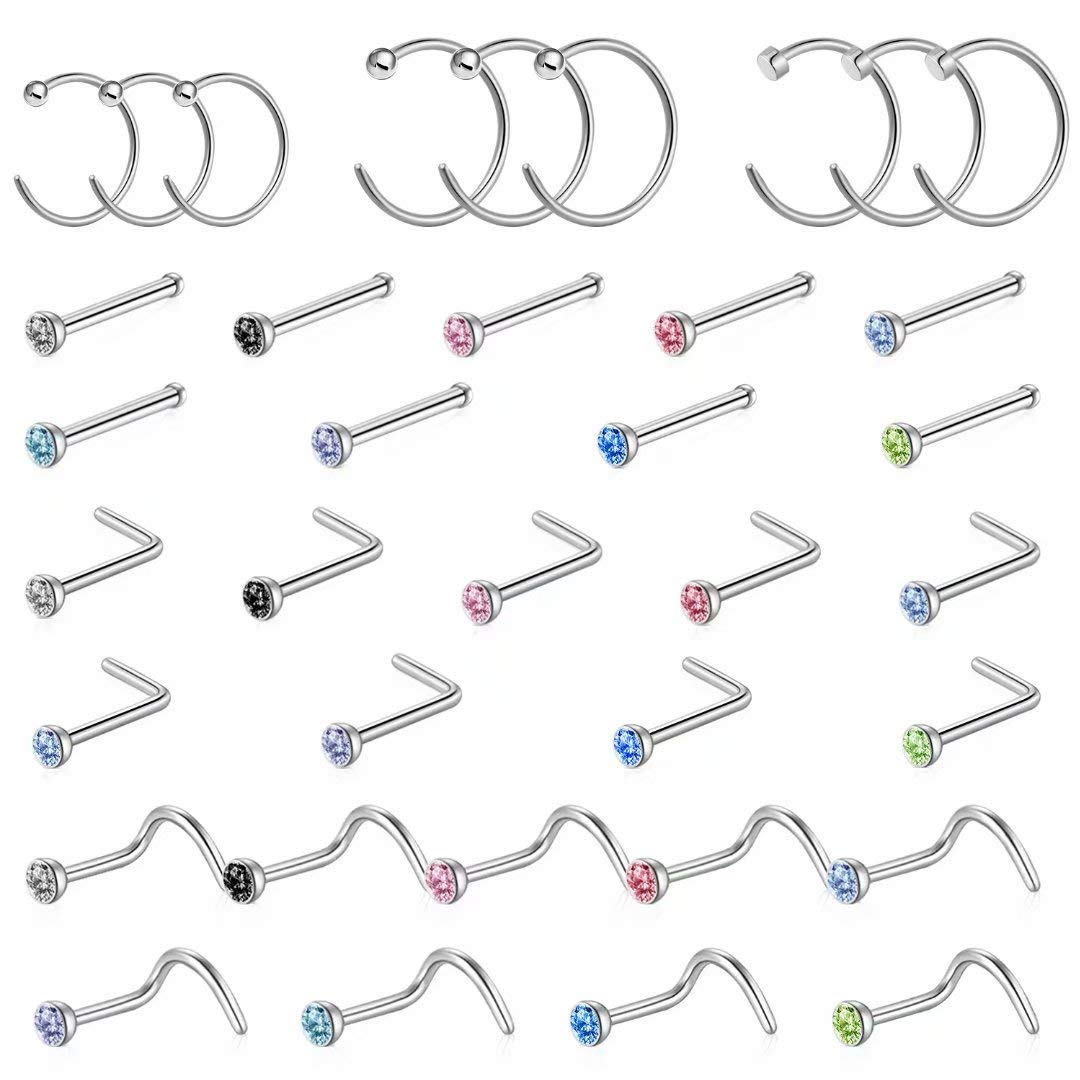 Nose Rings Studs Nose and Ear Multipurpose 20G 3mm CZ Striking 36 PCS Surgical Steel Piercing Body Jewelry for Women and Men