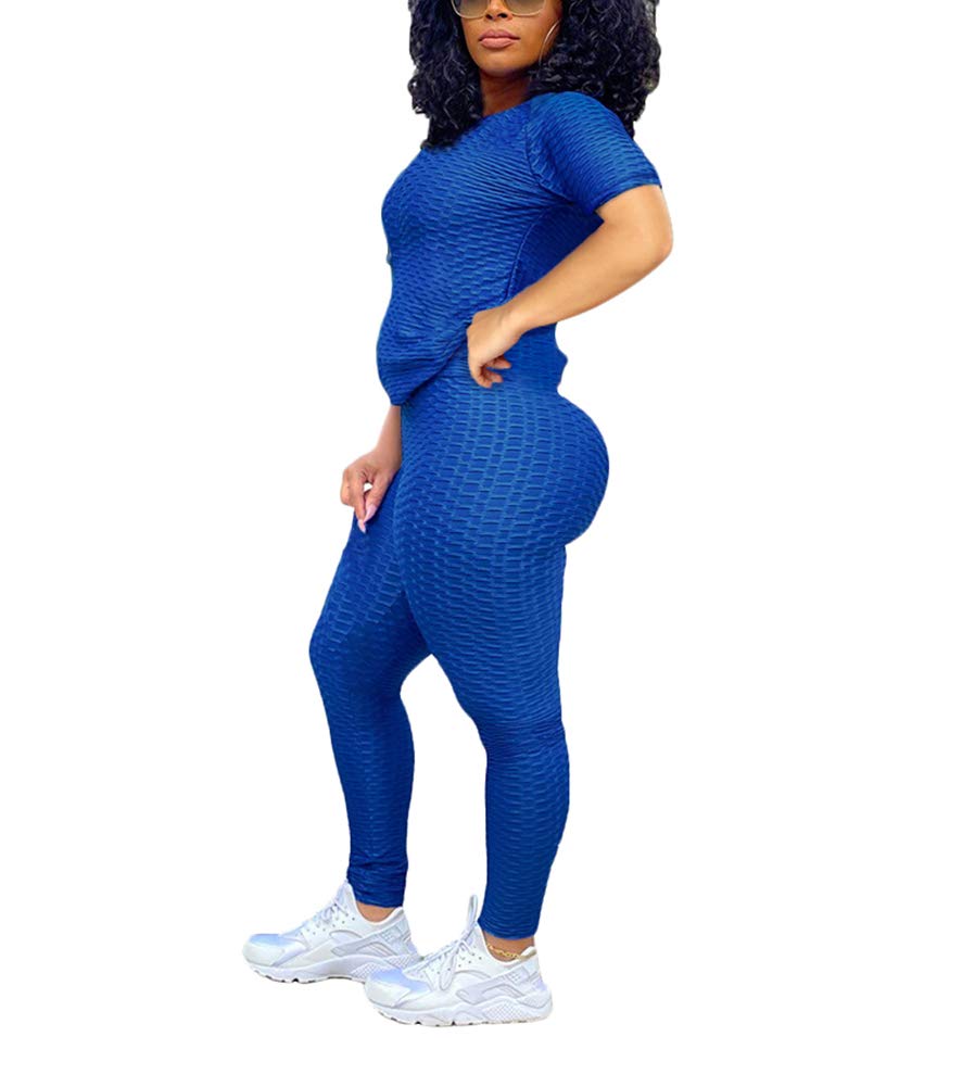 Ophestin Womens Casual 2 Piece Outfits Short Sleeve Top Leggings Tracksuit Sets Royal Blue Size XXL