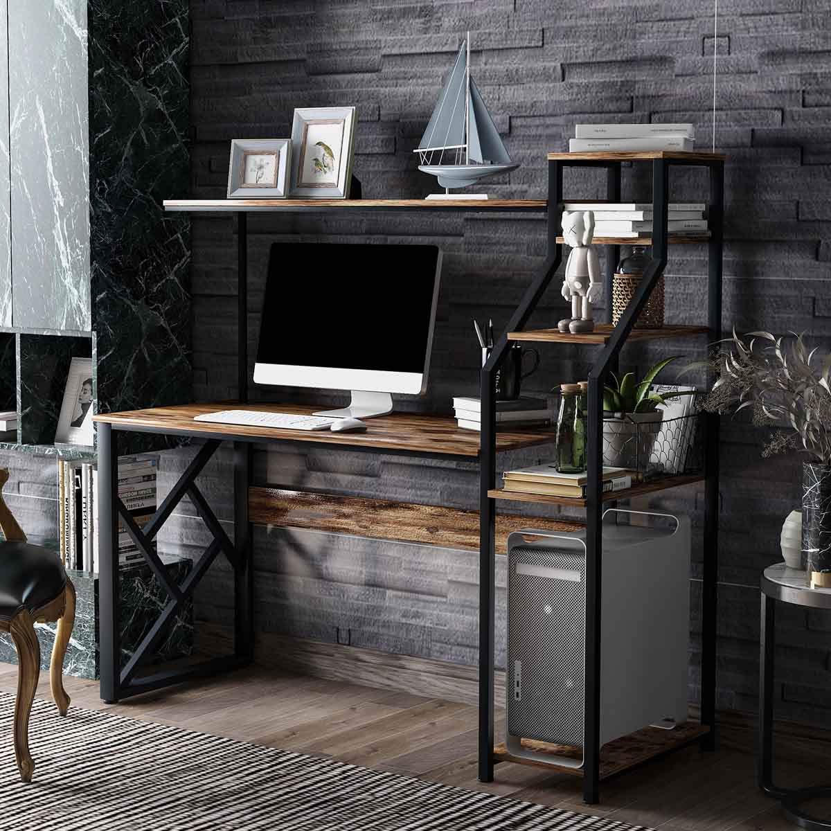 NICESOUL L-59'' Home Office Computer Desk with Hutch and Shelf Computer Table Metal Frame Dark Walnut Wooden Desktop New Modern Design (59''L- Black Walnut)…