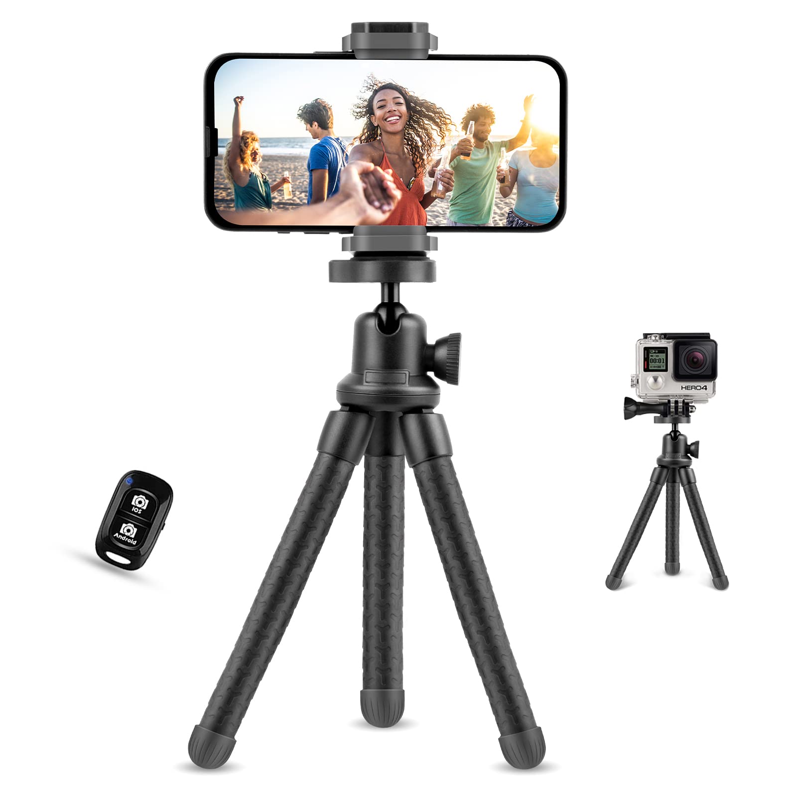 UBeesize Flexible Phone Tripod Stand, Small and Mini Tripod with Wireless Remote and Clip, Rubberized Desk iPhone Stand for Selfies,Video Recording,Compatible with All Cellphones, Cameras, Gopro1