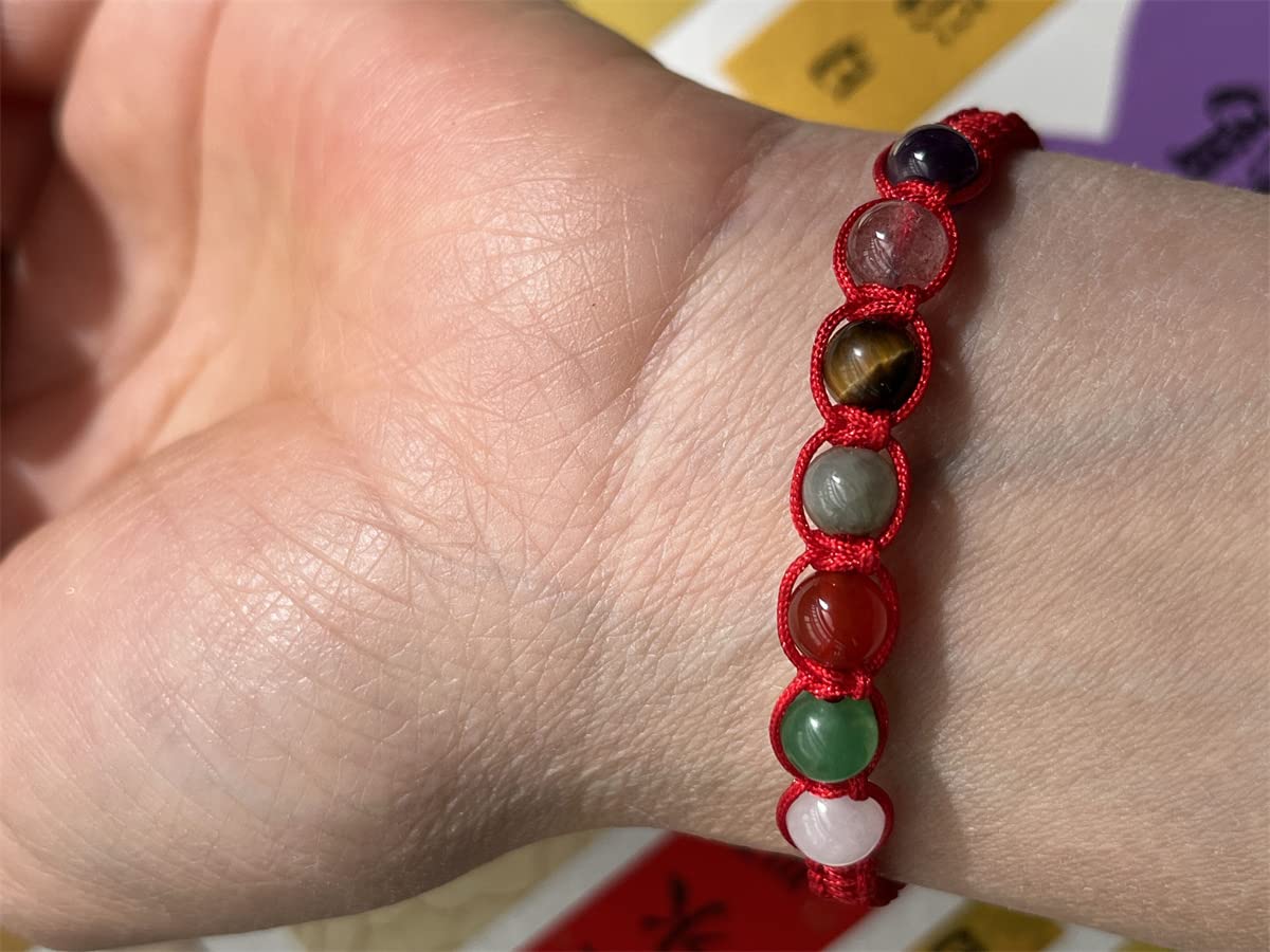 Qordelia 925 Sterling Silver Lucky Flower with 7 Chakra Gem Red String Bracelet Birthday Gift Mother's Day Gift, Adjustable, Size 2, Adjustable