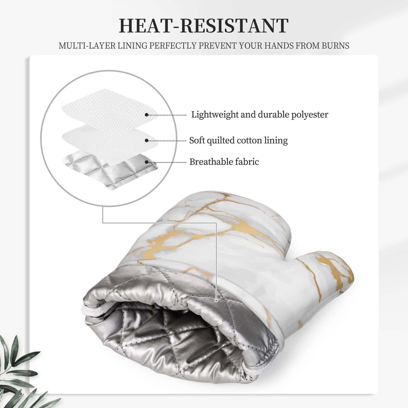 Oven Mitts and Pot Holders Marble White Gold Silicone Kitchen Accessories Set of 4 Heat Resistant Long Gloves Potholder Non-Slip Grip for Chef Cooking,Baking,Grilling,BBQ
