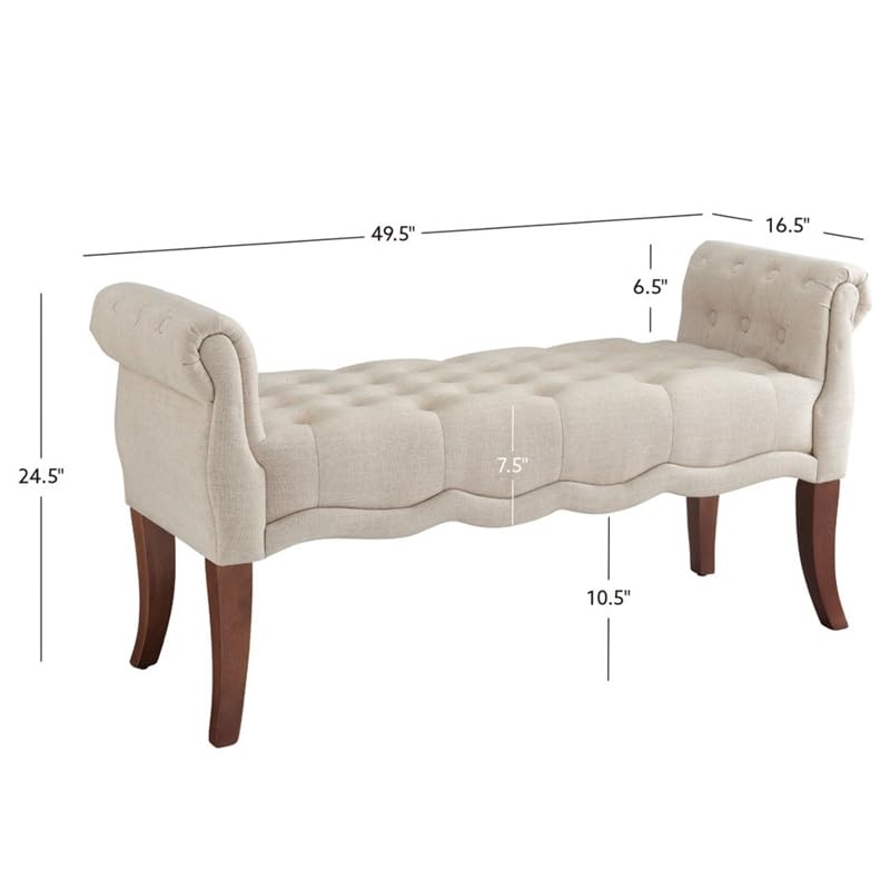 Linon Laurel Upholstered Roll Arm Bench with Walnut Wood Legs in Beige Fabric