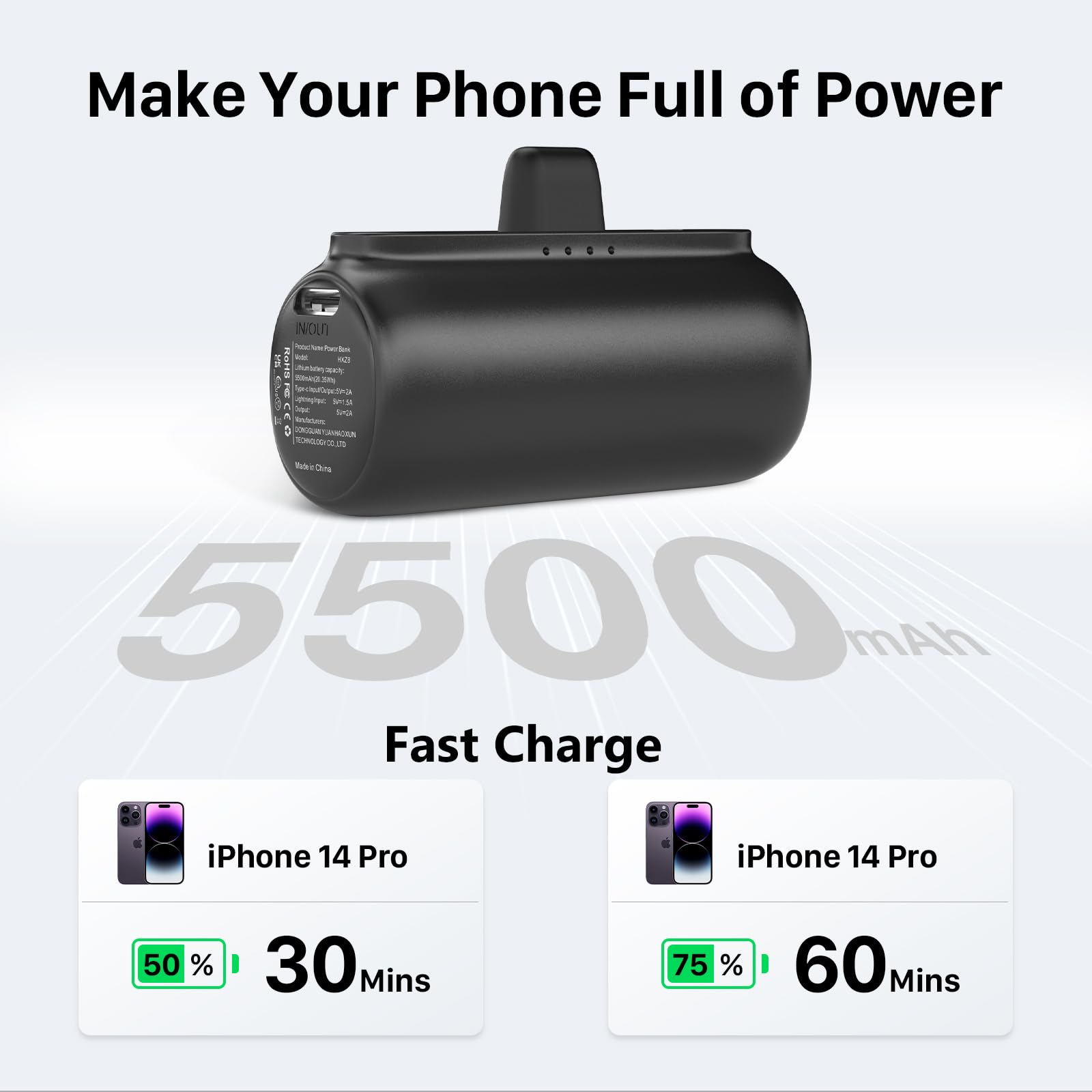 OHZHAO 2 Pack Portable Charger iPhone, Upgraded 5500mAh Power Bank for iPhone, 20W PD Fast Charging, Ultra-Compact Travel Portable Phone Charger, Battery Pack for iPhone 14/13/12/11/X/8/7 Series