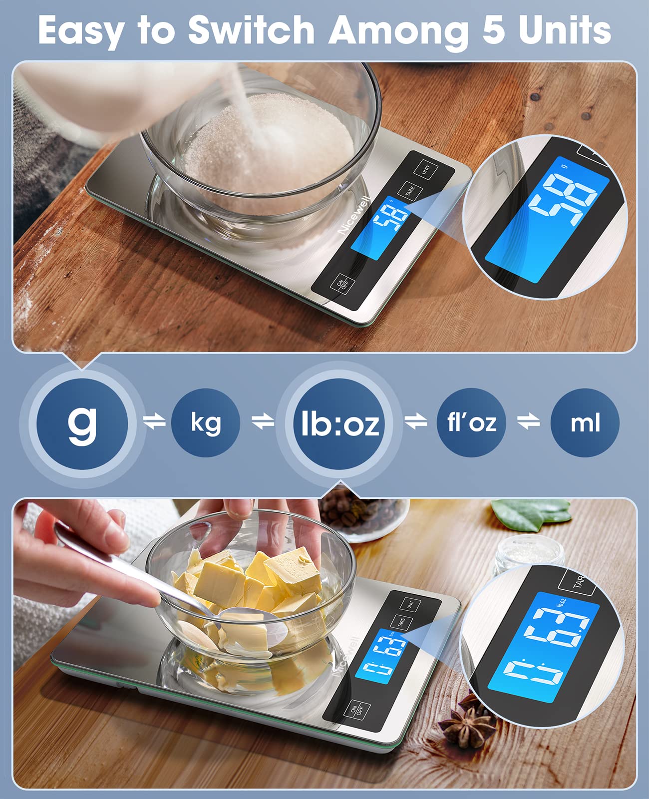 Nicewell Food Scale, 22lb Digital Kitchen White Scale Weight Grams and oz for Cooking Baking, 1g/0.1oz Precise Graduation,Tempered Glass Scale (White)