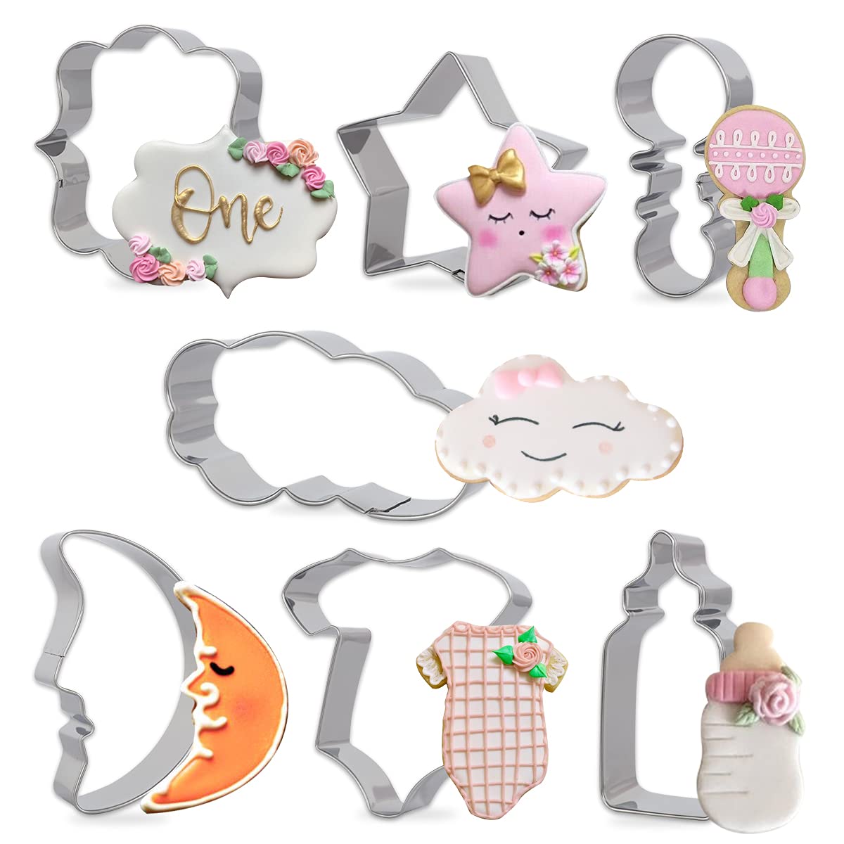 Twinkle Twinkle Little Star Themed Cookie Cutters, 7 Pack Baby Shower Baking Molds Stainless Steel Biscuit Sandwich Cake Cutter Set with Moon, Star, Cloud, Baby Onesies