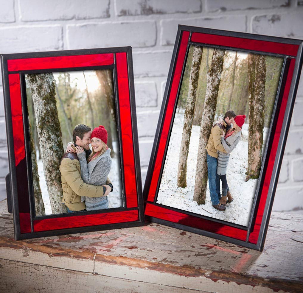 Red Stained Glass Picture Frame for Home Décor, Office, Desk, Table Top 4x6 Photo Horizontal Vertical Easel Back Series J Devlin