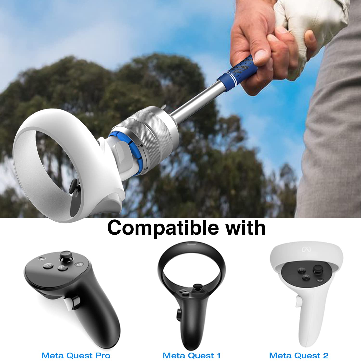 VR Golf Club Handle Accessory for Oculus Quest 2 / Meta Quest Pro - Silver Aluminum Case and Shaft with Real Golf Grip - Quest 2 Golf Club Attachment Compatible with Left and Right Controller