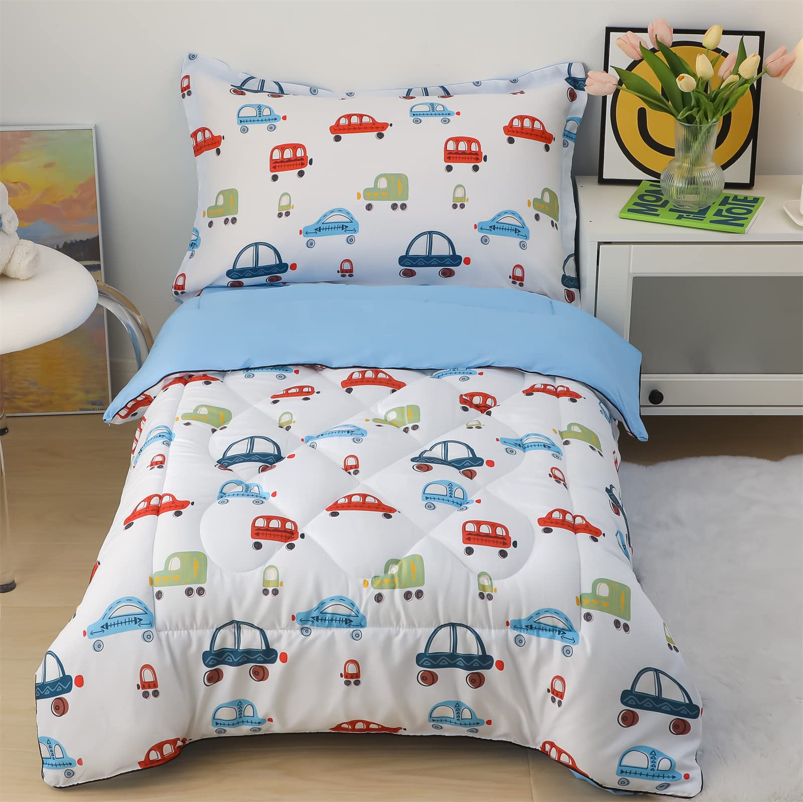 VINILITE 4 Piece Toddler Bedding Set Cars Standard Size Children Comforter Set Ultra Soft Includes Quilted Comforter, Fitted Sheet, Flat Sheet, and Pillow Case for Kids Boys, 28" x 52"