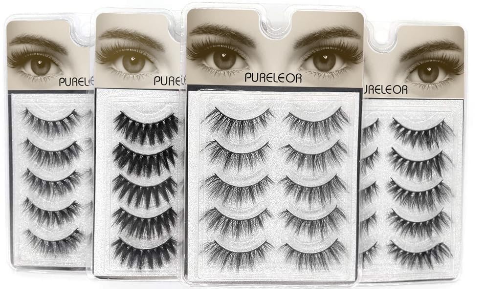PURELEOR Natural Look Eyelashes 3D Mink Cat Eye Lash Wispies 15mm Manga Lashes 5 Pairs Soft Reusable False Eyelashes Lightweight, No Glue Included