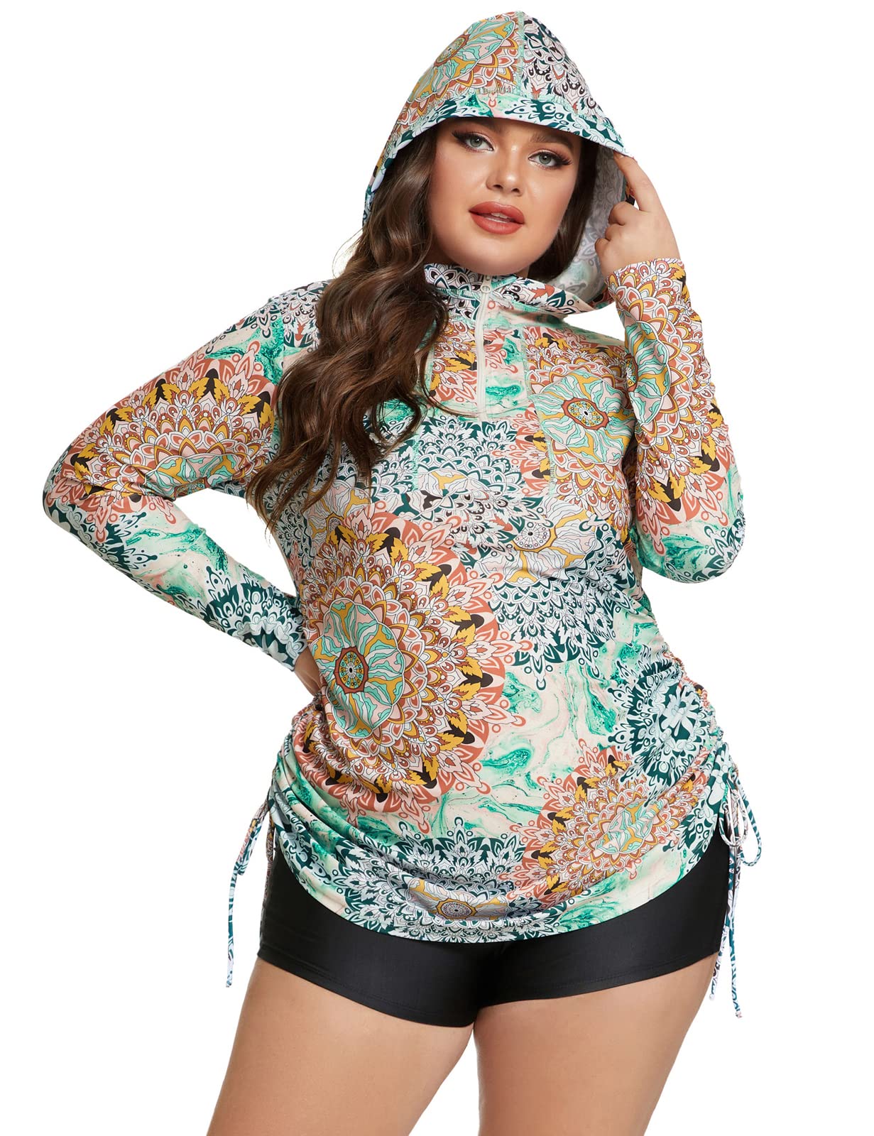 Rash Guard Women Long Sleeve Plus Size UV Sun Protection Swimsuit Top Green Pattern 22W 4X