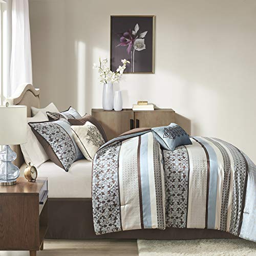 Madison Park Cozy Comforter Set - Luxurious Jaquard Traditional Damask Design, All Season Down Alternative Bedding with Matching Shams, Decorative Pillow Princeton Blue Queen(90"x90") 7 Piece