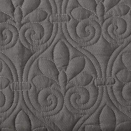 Madison Park Quebec Split Corner Quilted Bedspread Classic Traditional Design All Season, Lightweight, Bedding Set, Matching Shams, King(79" x81+24D), Damask Quilted Dark Grey 3 Piece