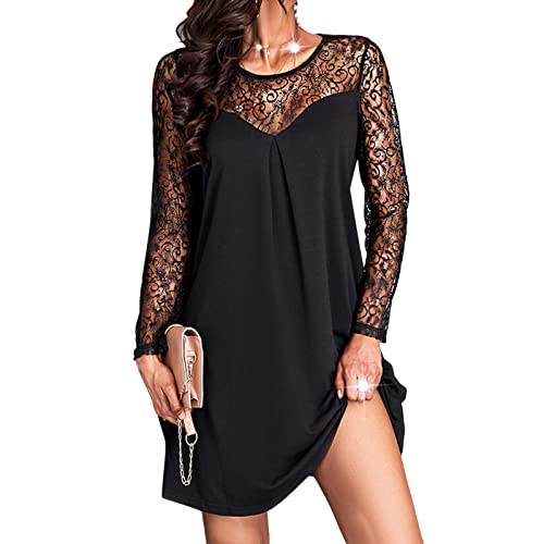 Pinkpaopao Women Long Sleeve Tunic Dress Solid Color Mesh Hollow Out Long Sleeve Loose Shift Dress