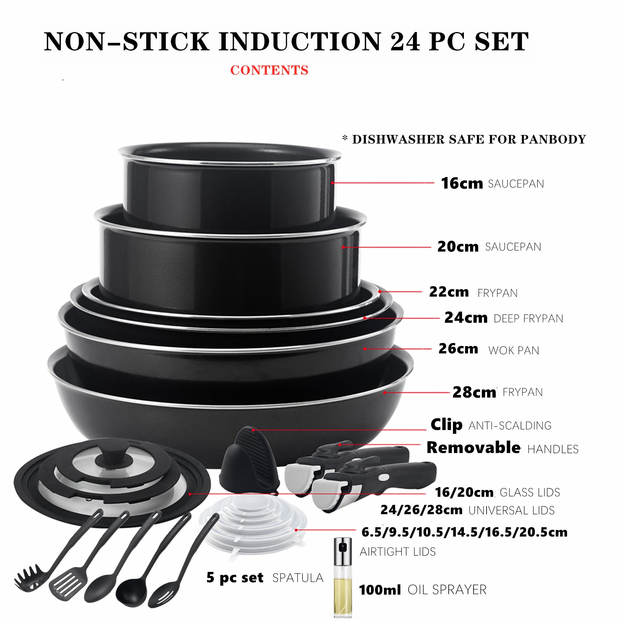 lzteck 24 Pieces Non-Stick Cookware Set with Oil Sprayer,Stackable Pans and Pots Set with Removable Handles, Space Efficient RVs and Camping,Oven,Induction,Gas,Electric & Stovetops,Dishwasher Safe