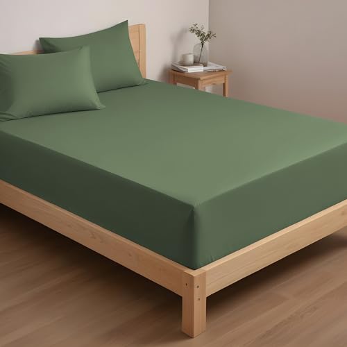 Linenwalas 100% Cotton Percale Sheet Set Full Size, Strong Breathable Crisp and Cooling Premium Cotton 4 Piece Sheet Set- 1 Flat, 1 Fitted, and 2 Pillowcases (Avocado Green/Full Size)