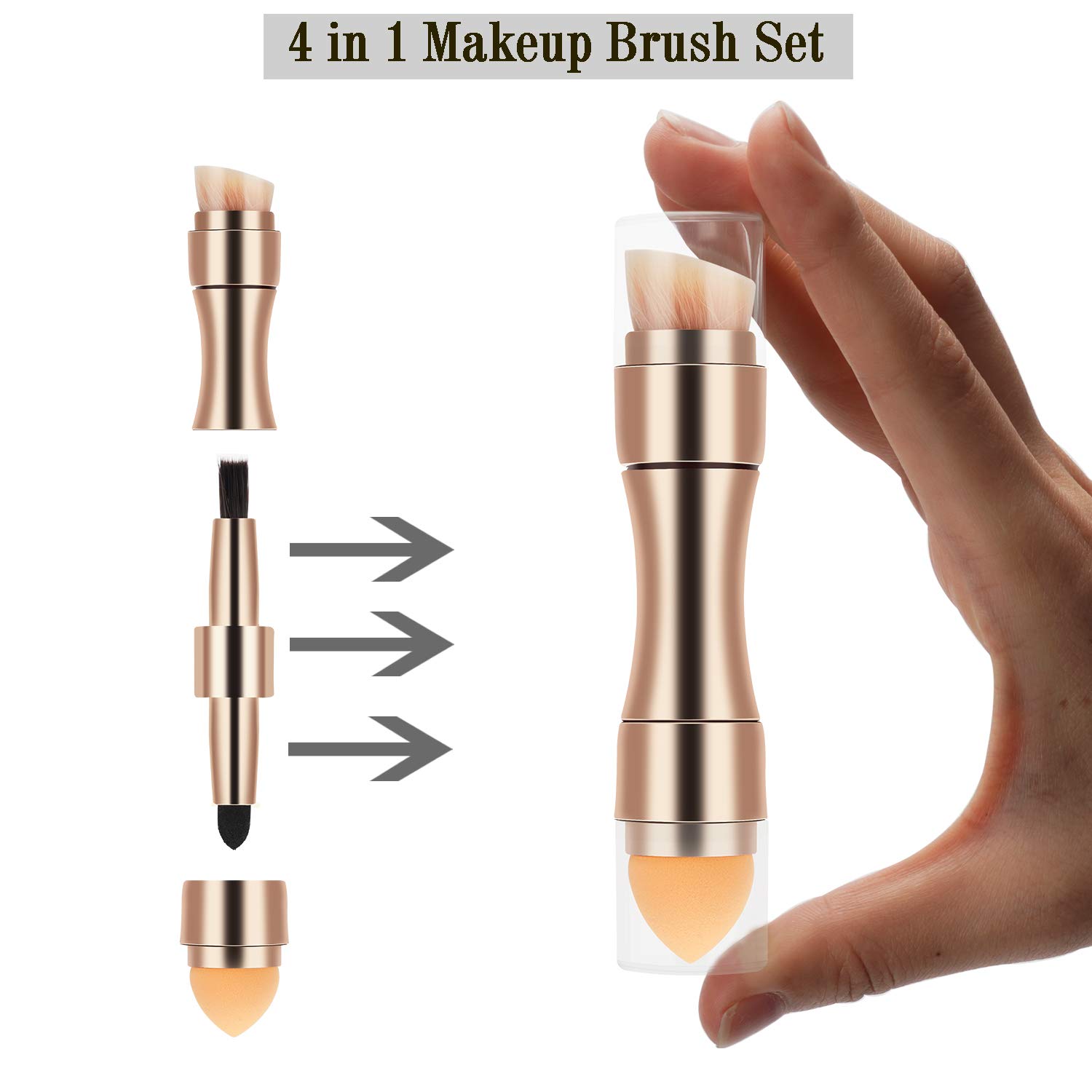 Makeup Brush Mini 4 in 1 Kit for Travel Cosmetic Applicator Foundation Sponges Brushes Valentine's Day Gift, Blending Eyeshadow Concealer Eyeliner Eyebrow