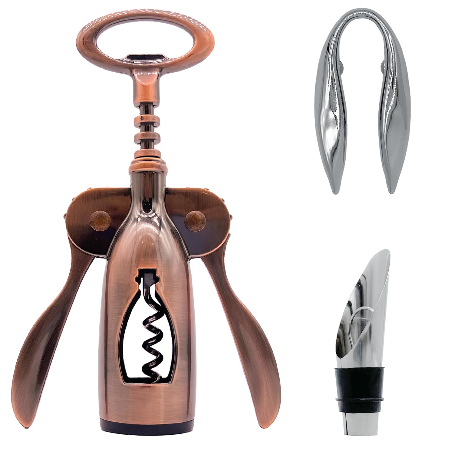OBALY Wing Corkscrewļ¼ Wine Bottle Opener Set of 3 Pieces, Equipped with Bronze Multi-Functional Bottle Opener, Wine Stopper and a Foil Cutter