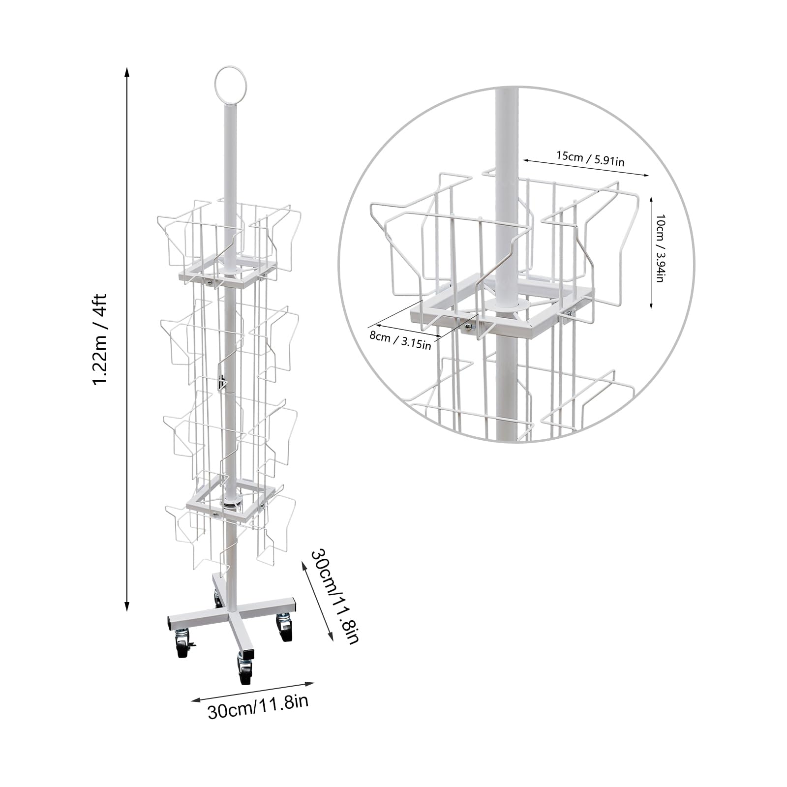 Vintoro Storage Stand Assistant, 360° Rotating Greeting Card Rack with 4 Universal Wheels,16-Pocket Display Stand Spinning, 31.5*12.6*5.12in,for Classroom Office Library Craft Show, White
