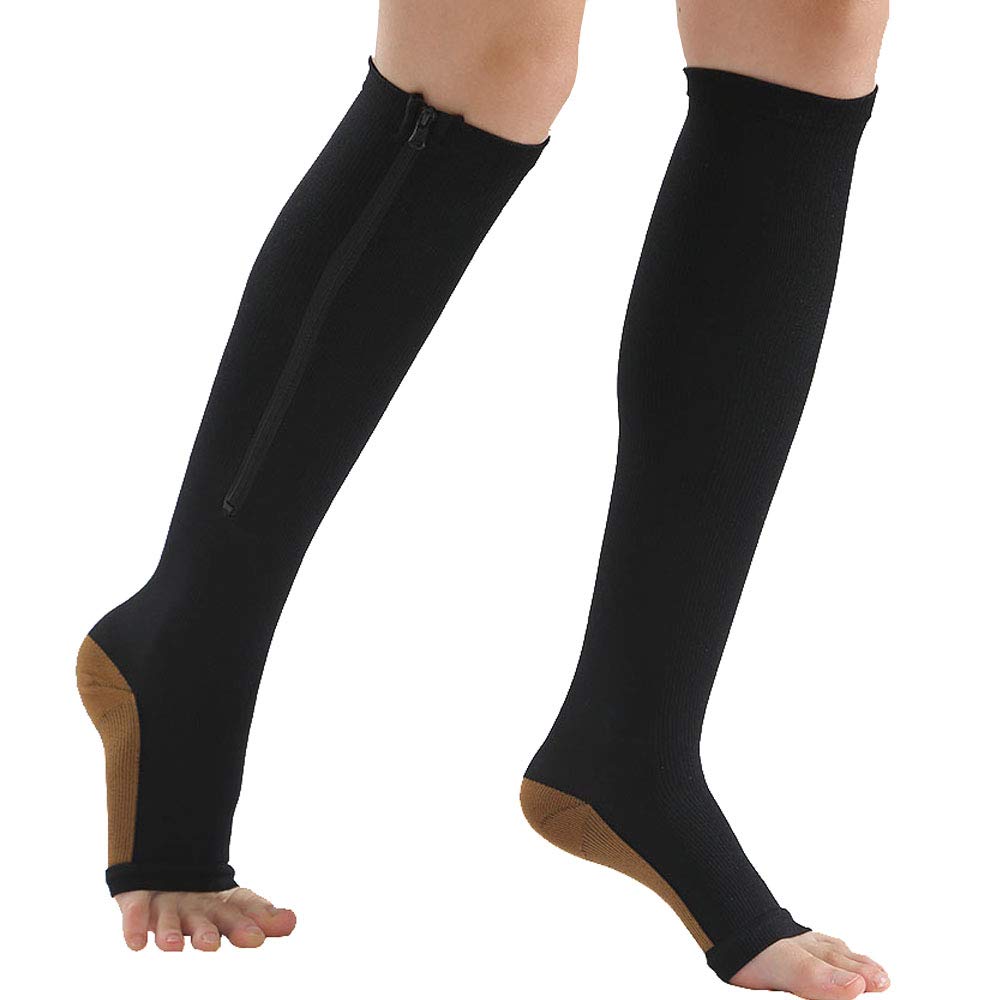 MADKING Zipper Compression Socks (2-Pack) for Men Women Open Toe Easy On Compression Support Hose Knee High, Black (XXL)