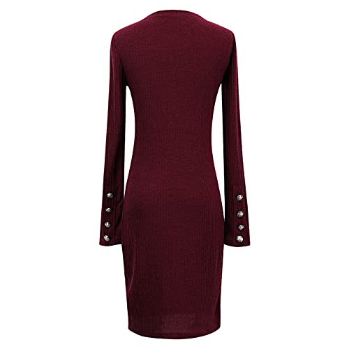 Pinkpaopao Women Sweater Wrap Dress Side Split Button Long Sleeve Round Neck Solid Color Slim Knitted Mini Dress