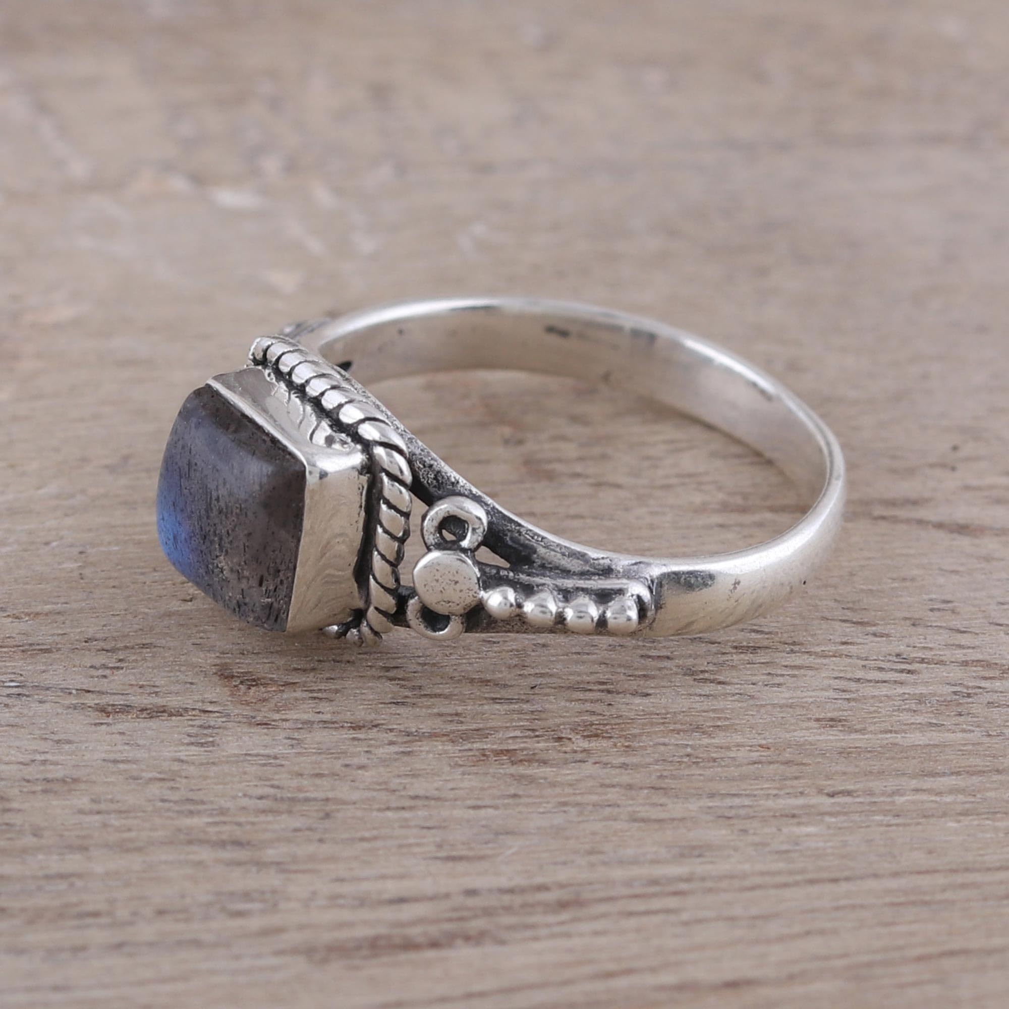 NOVICA Artisan Handmade Labradorite Cocktail Ring Square Crafted India Sterling Silver Gemstone [crownbezel 0.3 in L x 0.8 in W x 0.2 in H Band Width 3 mm W] ' Misty Depths'
