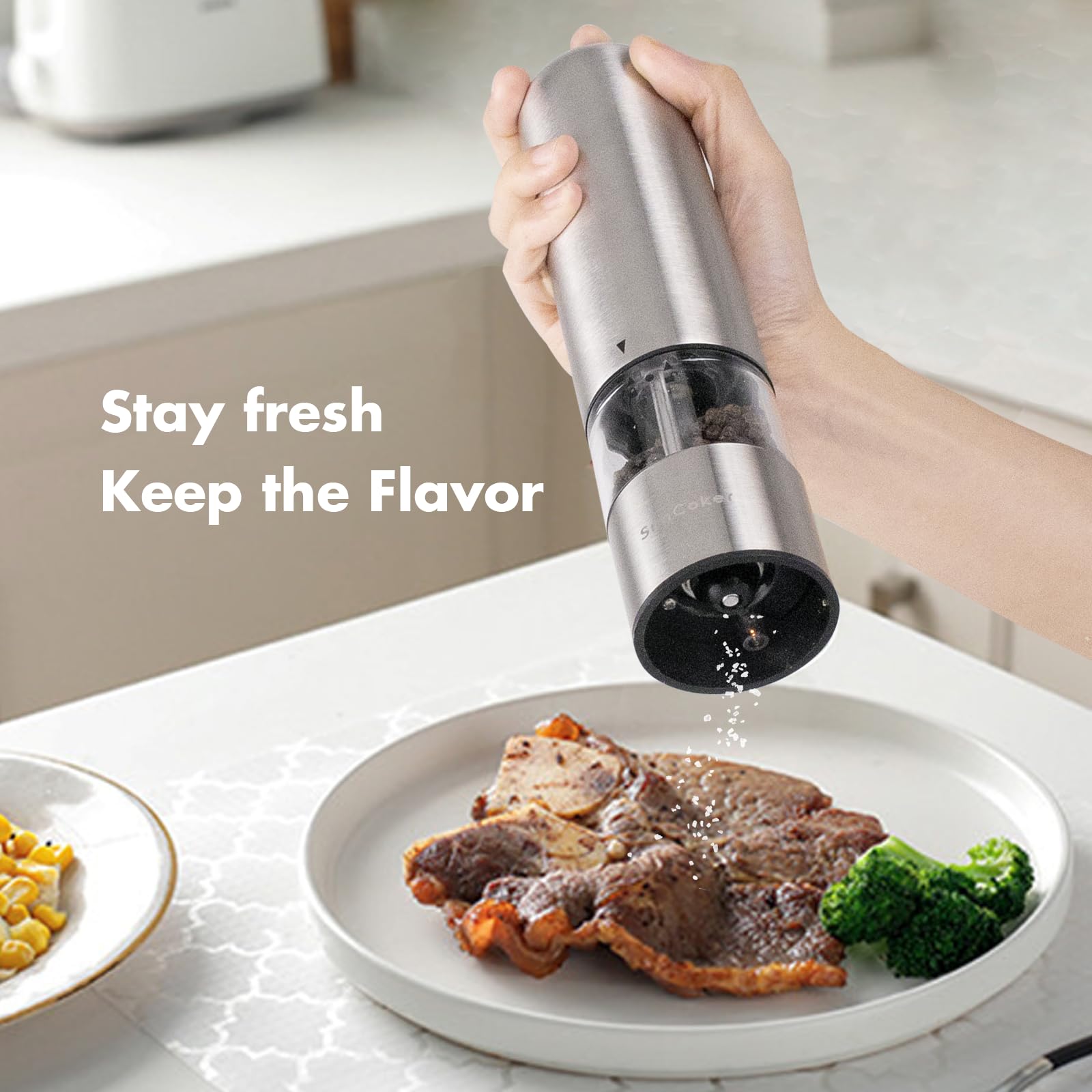 SimCoker Electric Salt and Pepper Grinder Set, Battery Operated Stainless Steel Pepper Grinder Mill Electric with Light, Automatic One Handed Operation, Adjustable Coarseness, Ceramic Grinder, 2 Pack