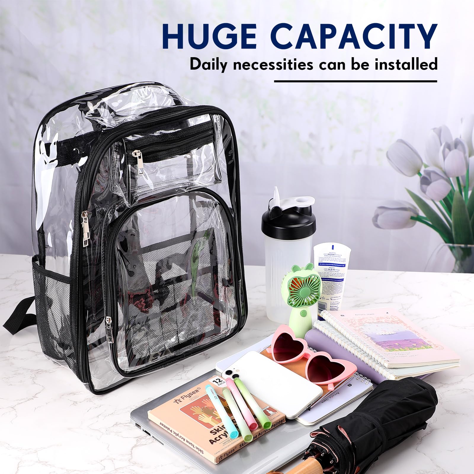 PerKoop 5 Pack Clear Backpack Bulk for Students Heavy Duty PVC Transparent School Bag See Through Bag for Women Men Kids (Black)