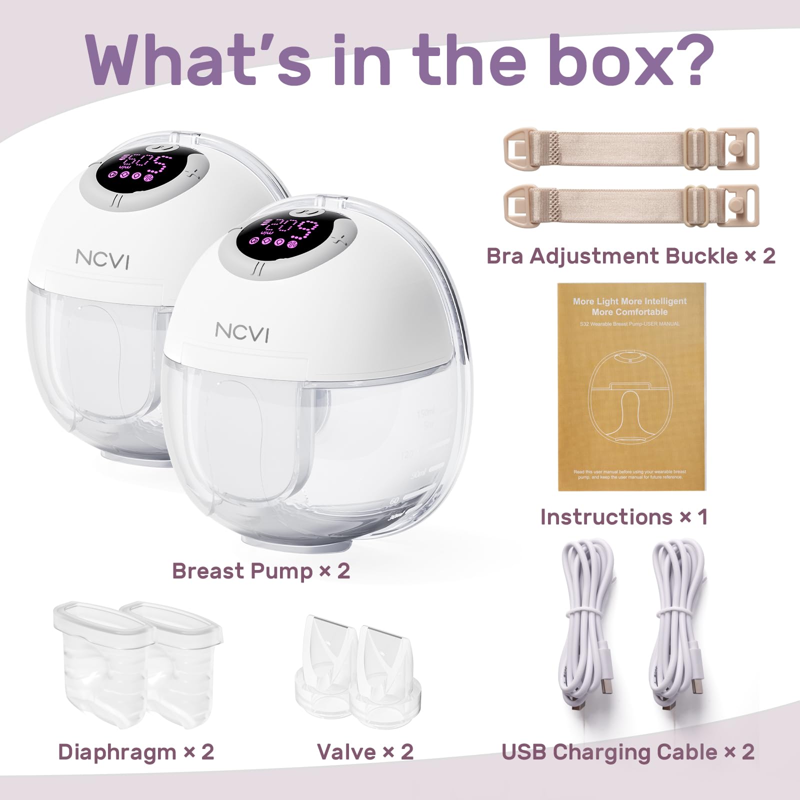 NCVI Breast Pump Hands Free, Wearable Pumps S32 for Breastfeeding, Electric Breast Pump with 4 Modes & 9 Levels, Wireless Portable Breast Pump with LCD Display, 24mm Flange, Quiet & Discreet, 2 Pack