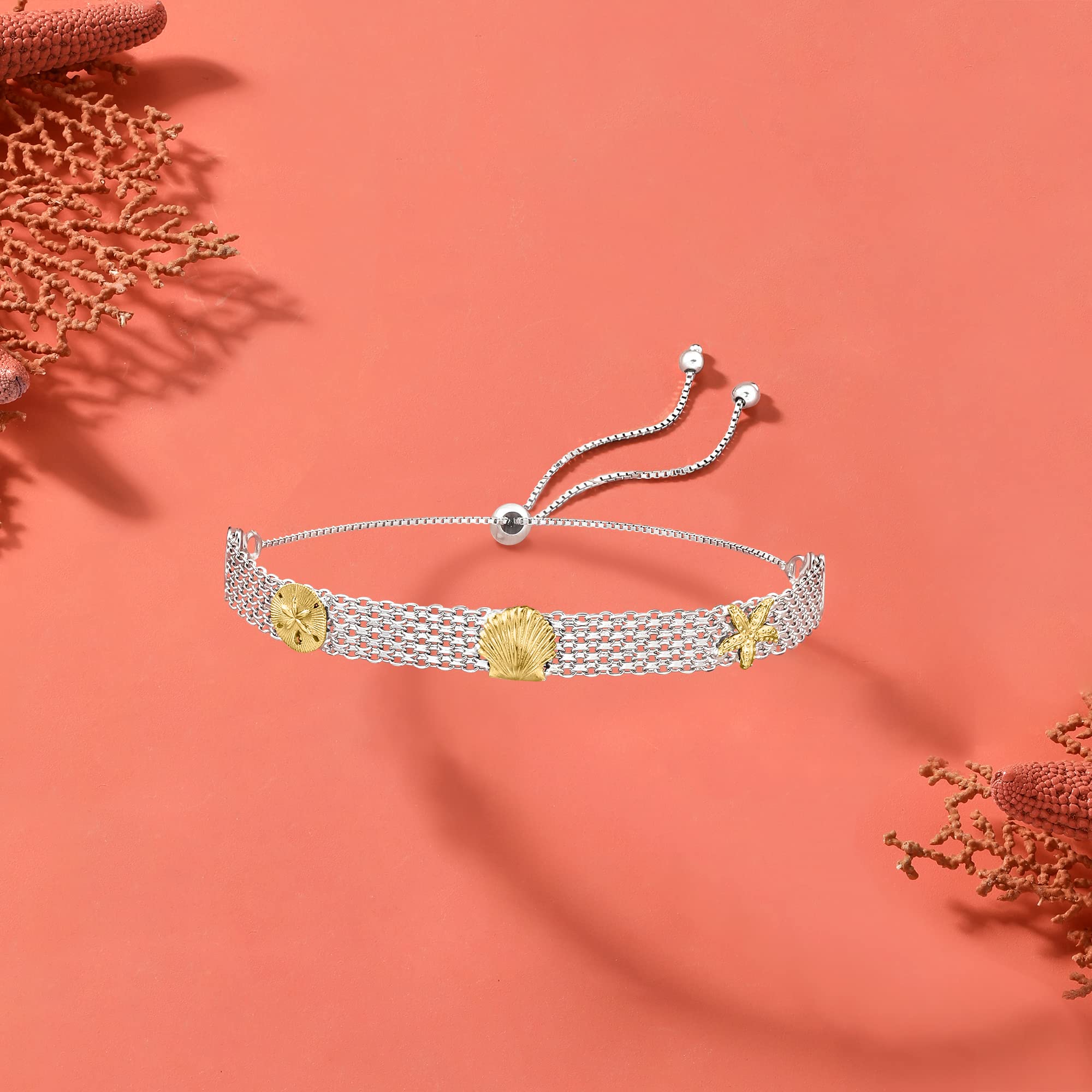 Ross-Simons Sterling Silver and 18kt Gold Over Sterling Sea Life Bismark-Link Bolo Bracelet