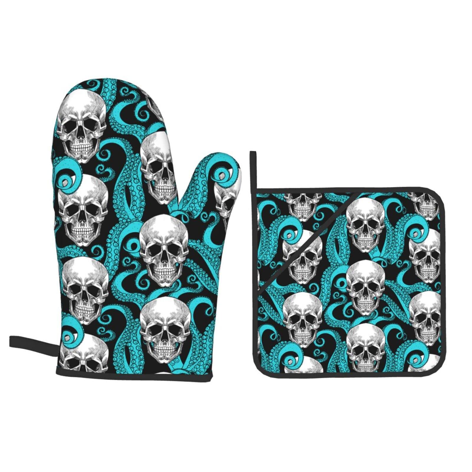 Skull Oven Mitts and Pot Holders 4pcs Sets,Funny Kitchen High Heat Resistant Oven Mitts,with Oven Gloves and Hot Pads Pot Holders for Baking Cooking BBQ Grilling