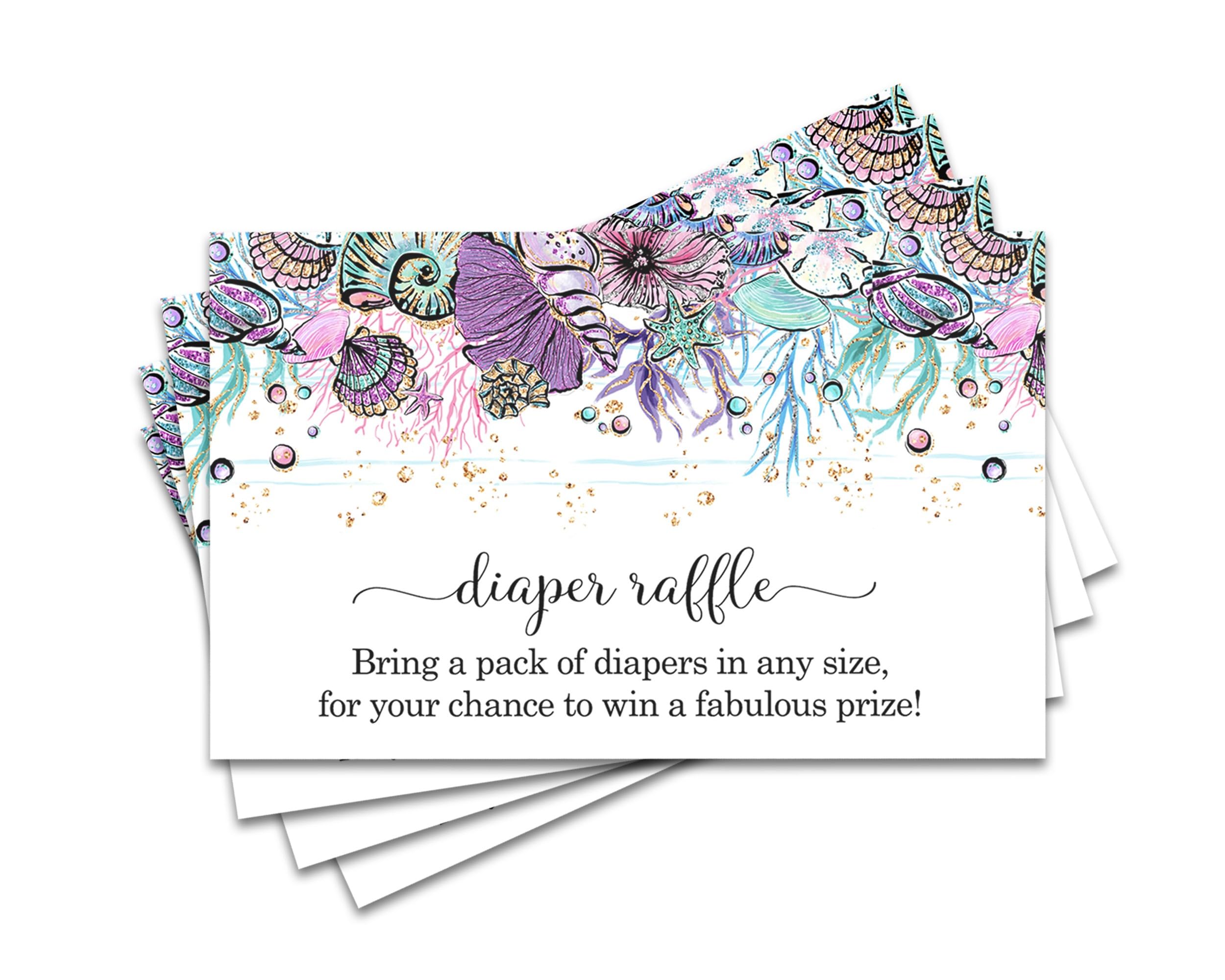 Mermaid Diaper Raffle Tickets, Girls Baby Shower Games for Prizes, Baby Shower Diaper Raffle Invitation Insert Cards, 25 Pack