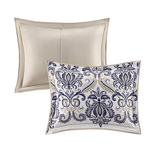 Madison Park Quilt Traditional Damask Design All Season, Lightweight Coverlet Bedspread Bedding Set, Matching Shams, Pillows, King/Cal King(104"x94"), Navy/White 6 Piece