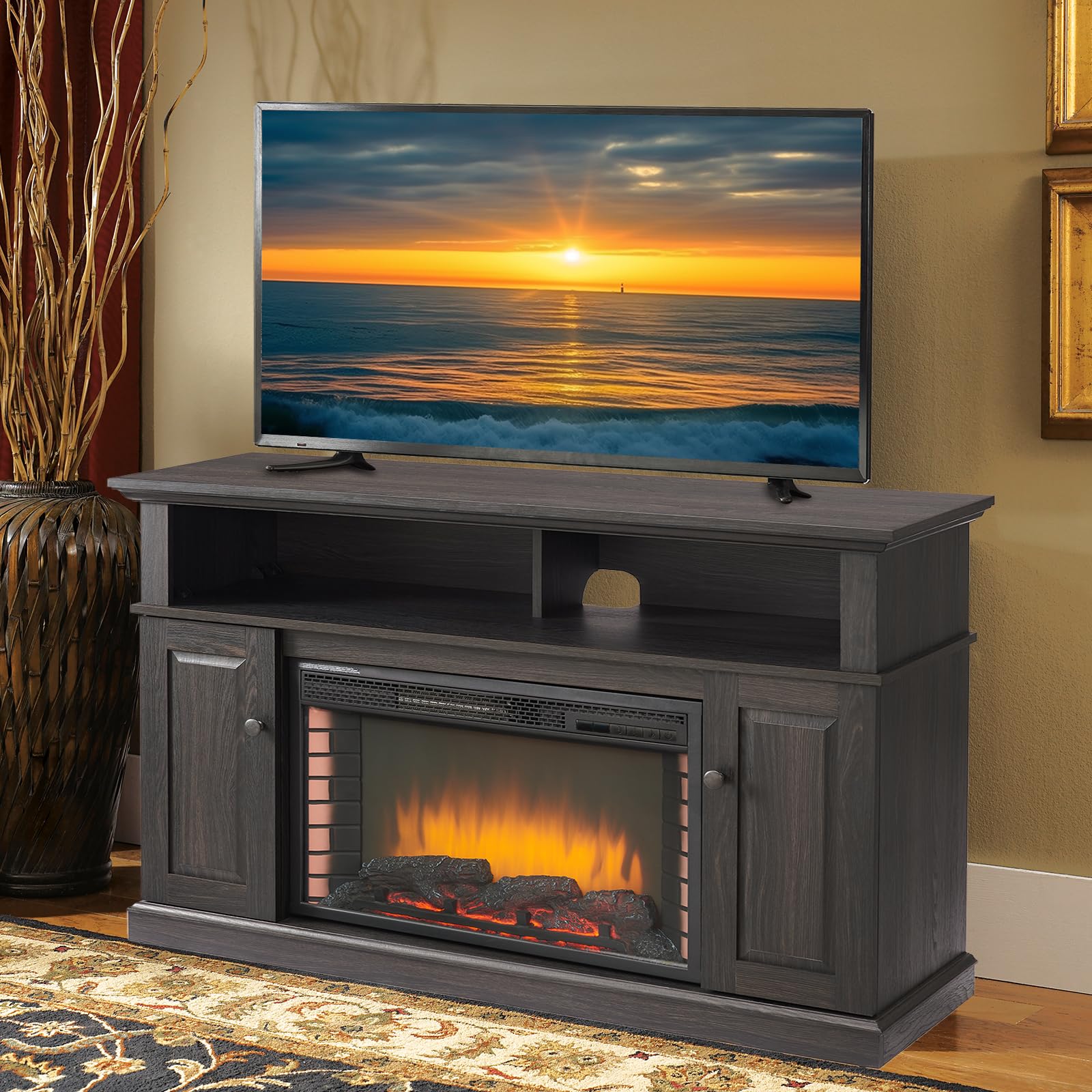 NURTUDIS TV Stand with 27β Fireplace, Fireplace & Overheating Protection and 1-8H Timer Function, Fireplace with Realistic Flame Effect, Modern TV Stand with 2 Cabinet Door for TVs up to 55"